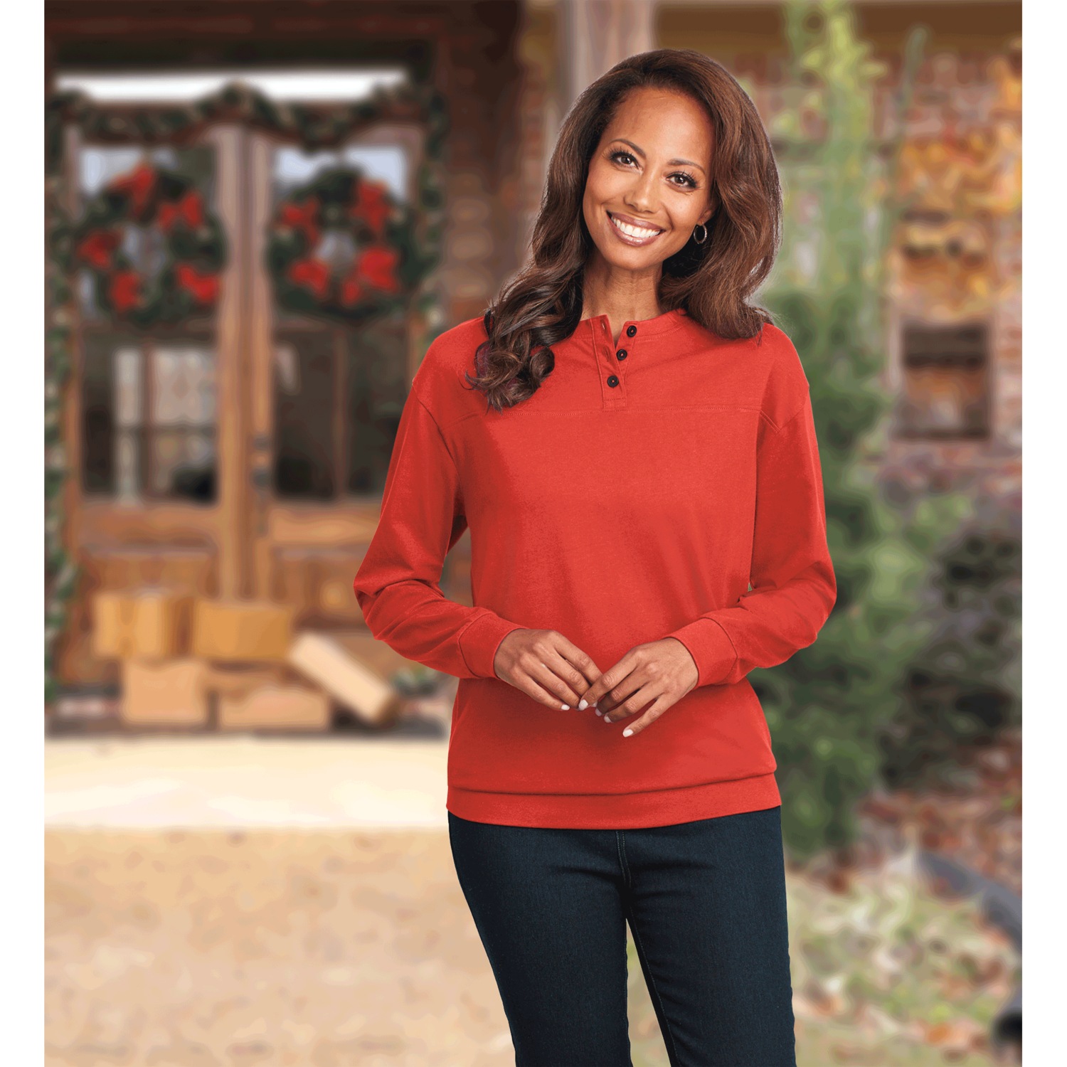 Long-Sleeve Banded-Bottom Henley | Carol Wright