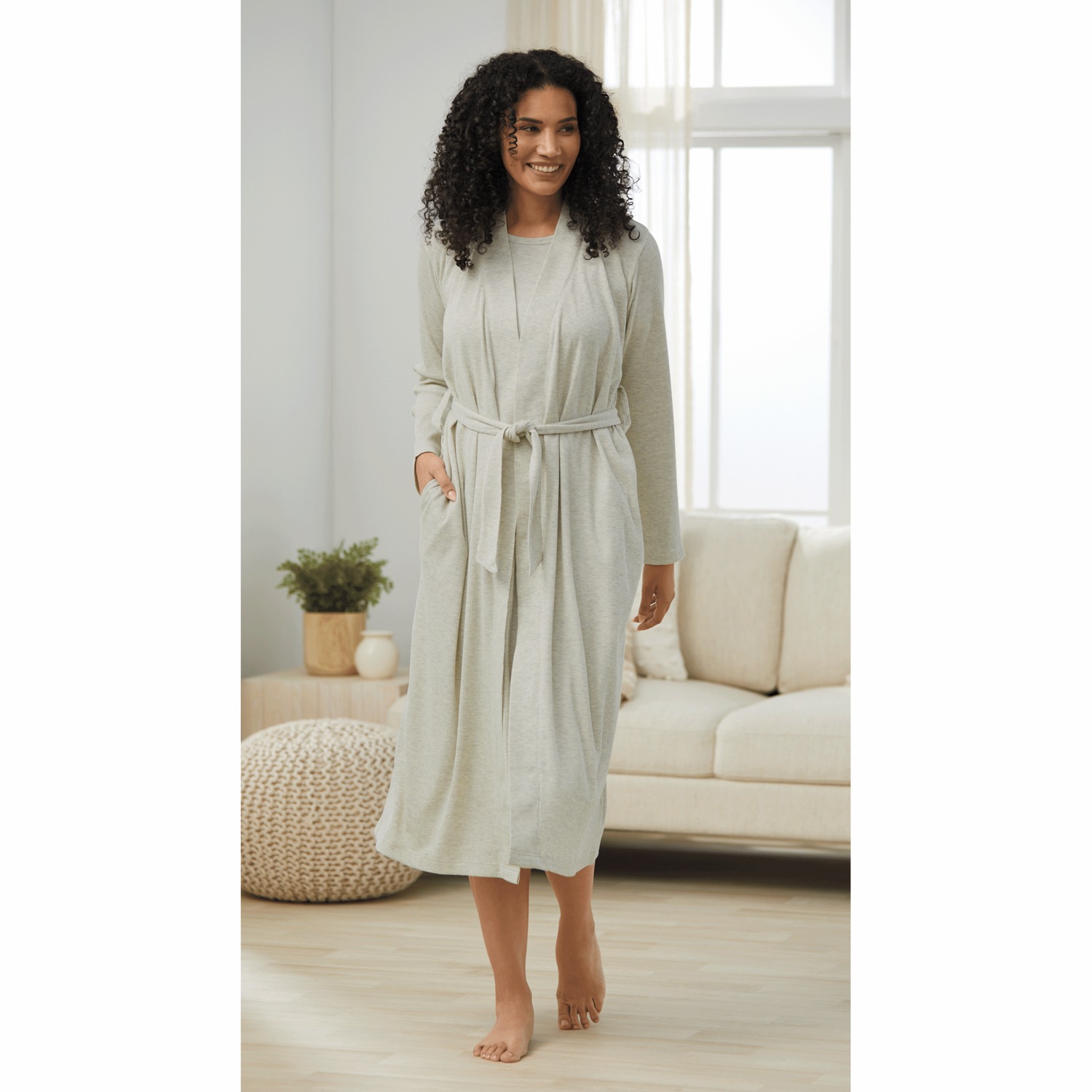 Long-Sleeve Wide-Rib Robe & Wide-Rib Sleeveless Nightgown | Carol Wright